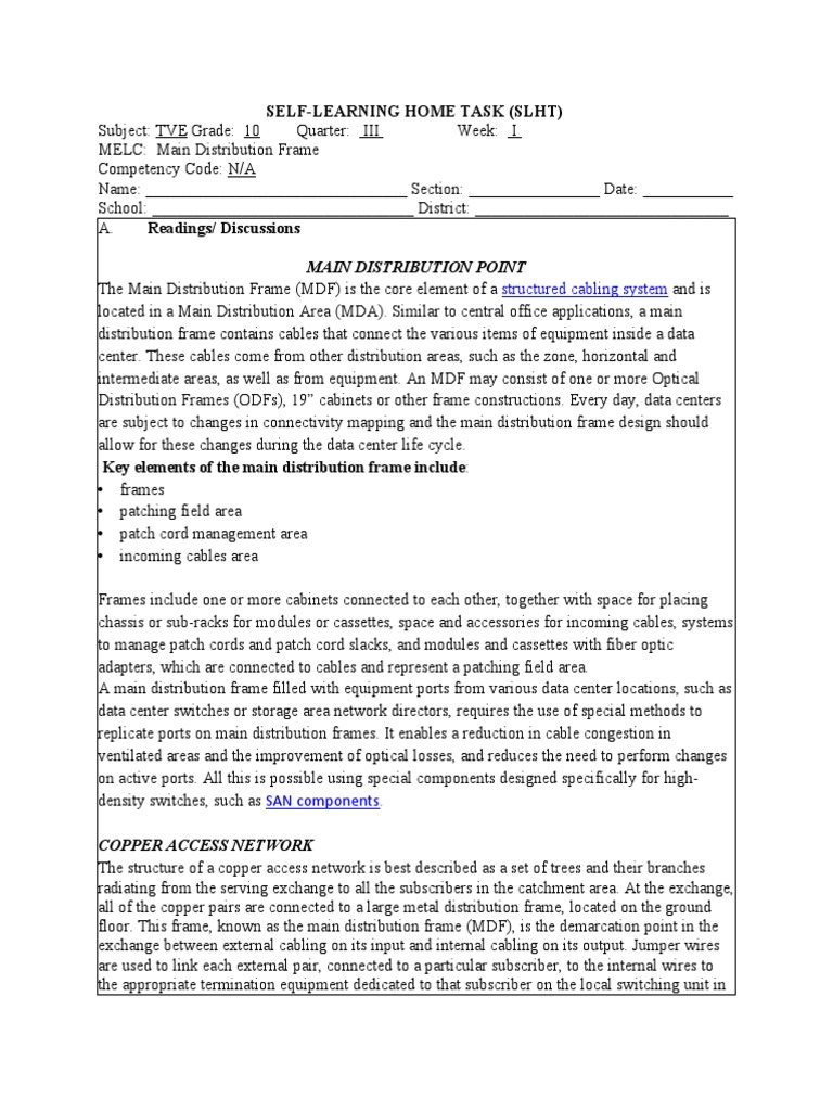 Self-Learning Home Task (SLHT) : Main Distribution Point | PDF ...