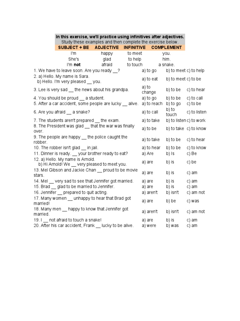 Infinitives After Adjectives Exercise | PDF | Syntax | Linguistics