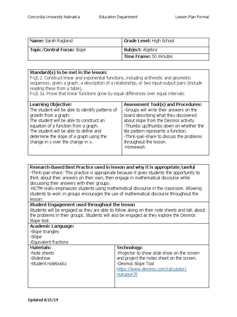 Concordia University Nebraska Education Department Lesson Plan Format ...
