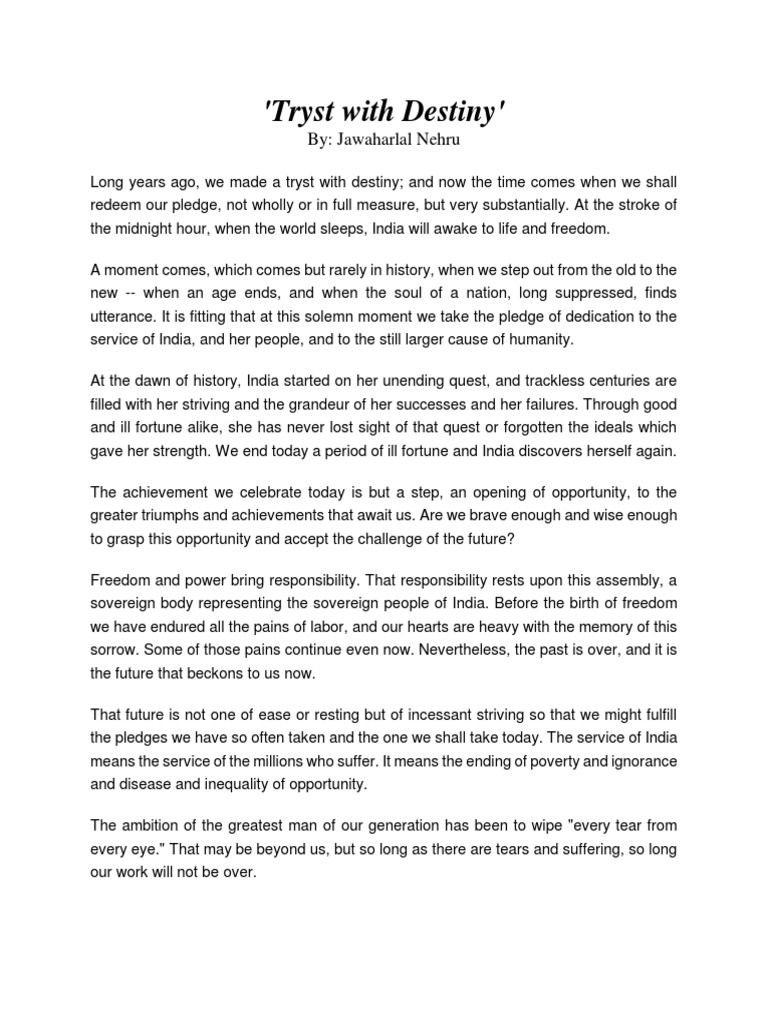 Tryst With Destiny | PDF | Jawaharlal Nehru