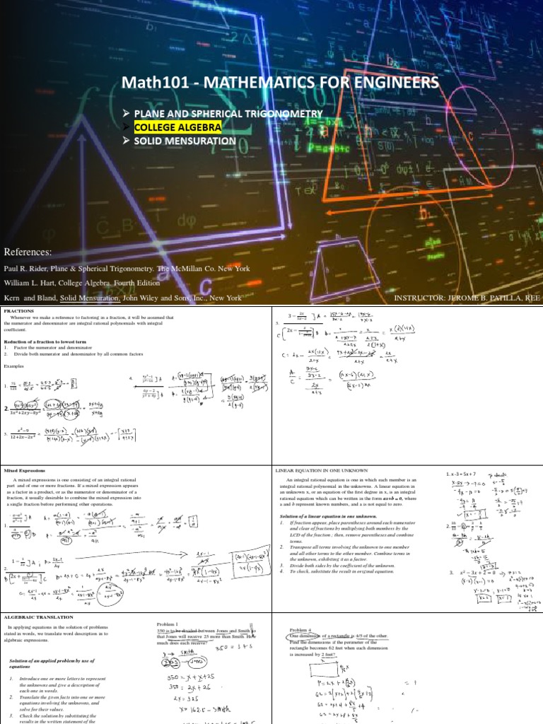 Math101 - Mathematics For Engineers: Plane and Spherical Trigonometry Solid Mensuration | PDF ...