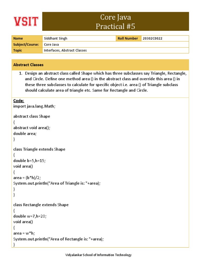 Core Java Practical #5: Abstract Classes | PDF | Class (Computer Programming) | Area