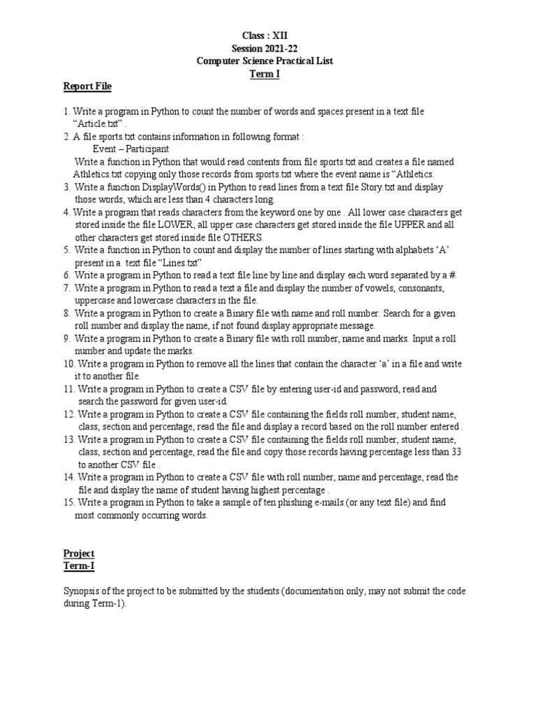 Class XII-Practical List-2021-22 | PDF | Letter Case | Text File