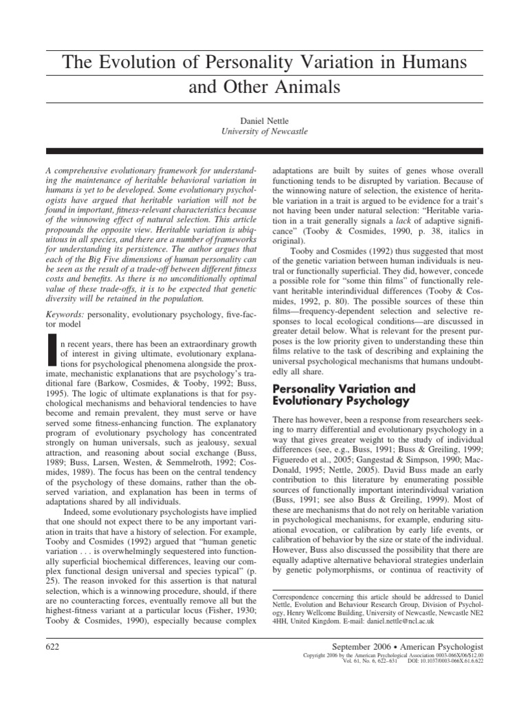 Nettle 2006 | PDF | Natural Selection | Personality Psychology