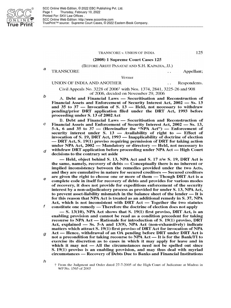 Transcore v. Union of India, (2008) 1 SCC 125 | PDF