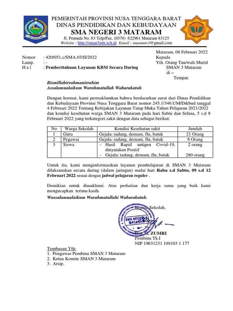 Surat Informasi KBM Daring TP 2021-2022 (Ortu) | PDF