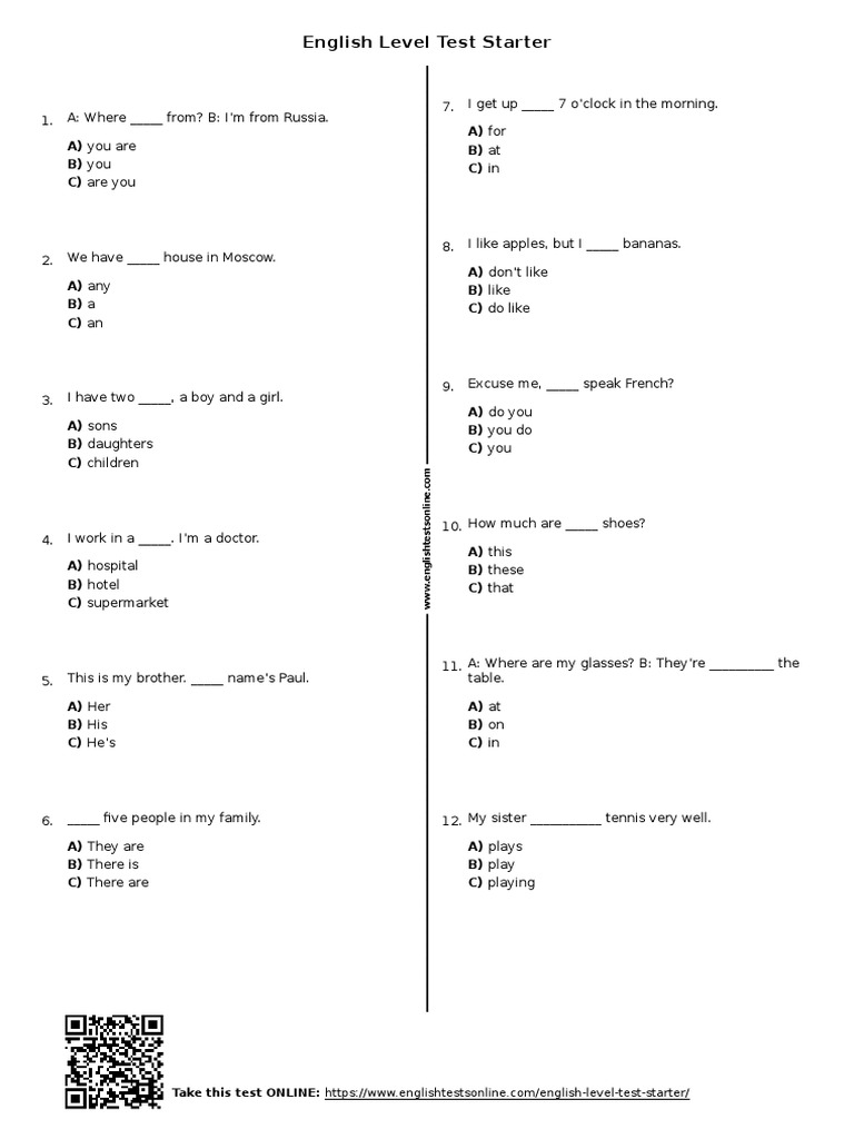 English Starter Level Test | PDF | Food And Drink