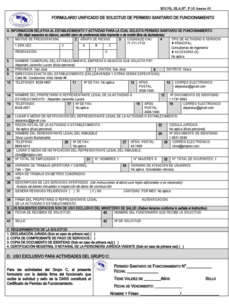 Formulario Permiso Sanitario de Funcionamiento | PDF | Business | Correo