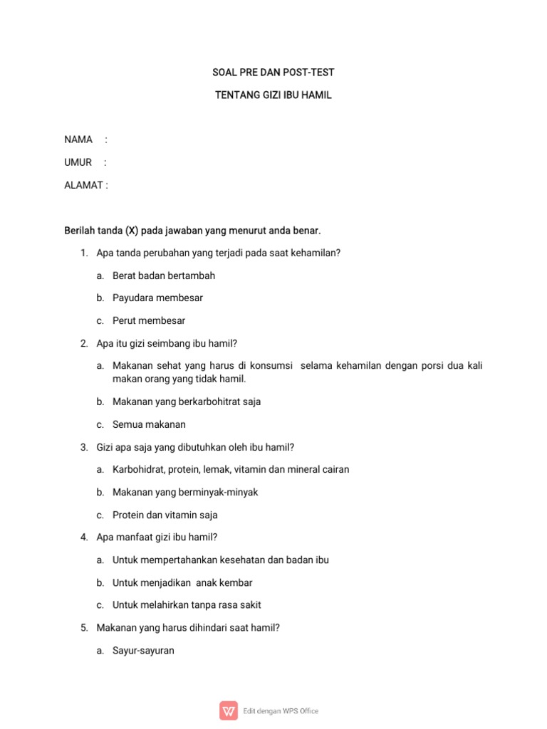 Soal Pre Test Dan Post Test Gizi Ibu Hamil | PDF