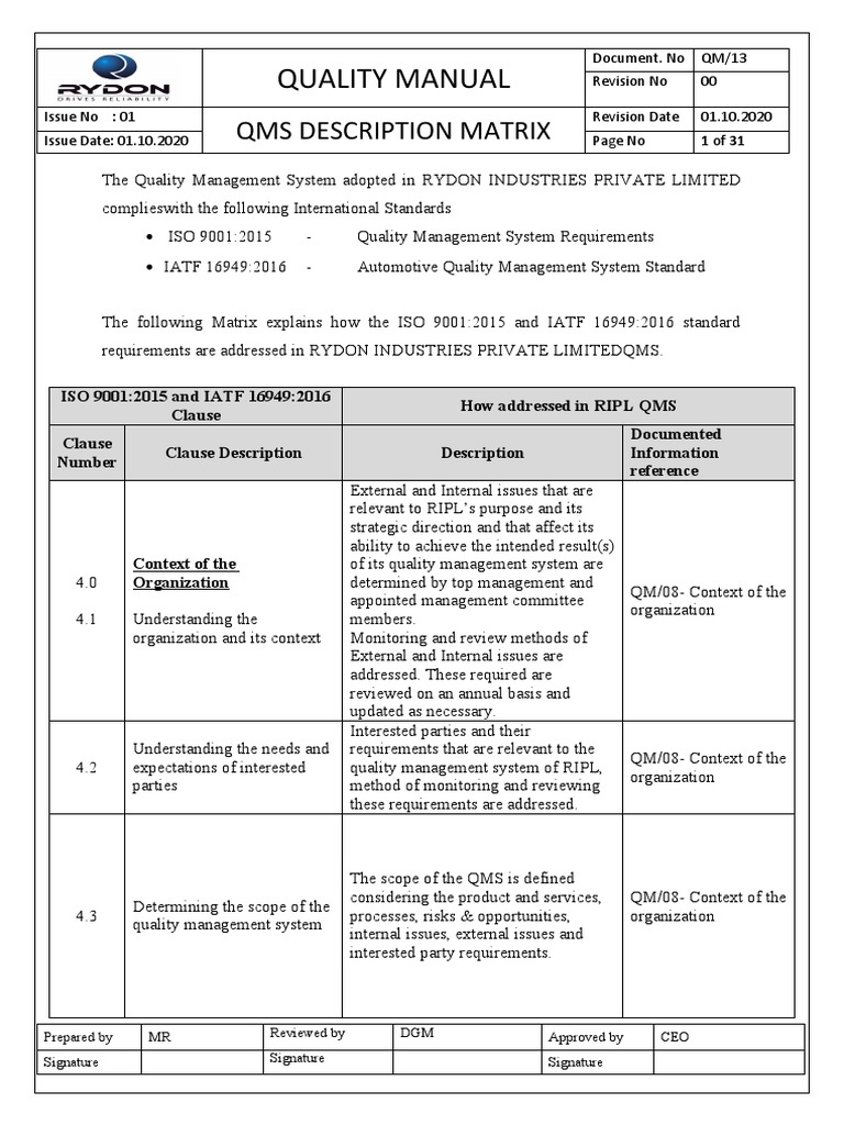 13.QMS Description Matrix | PDF | Quality Management | Quality ...