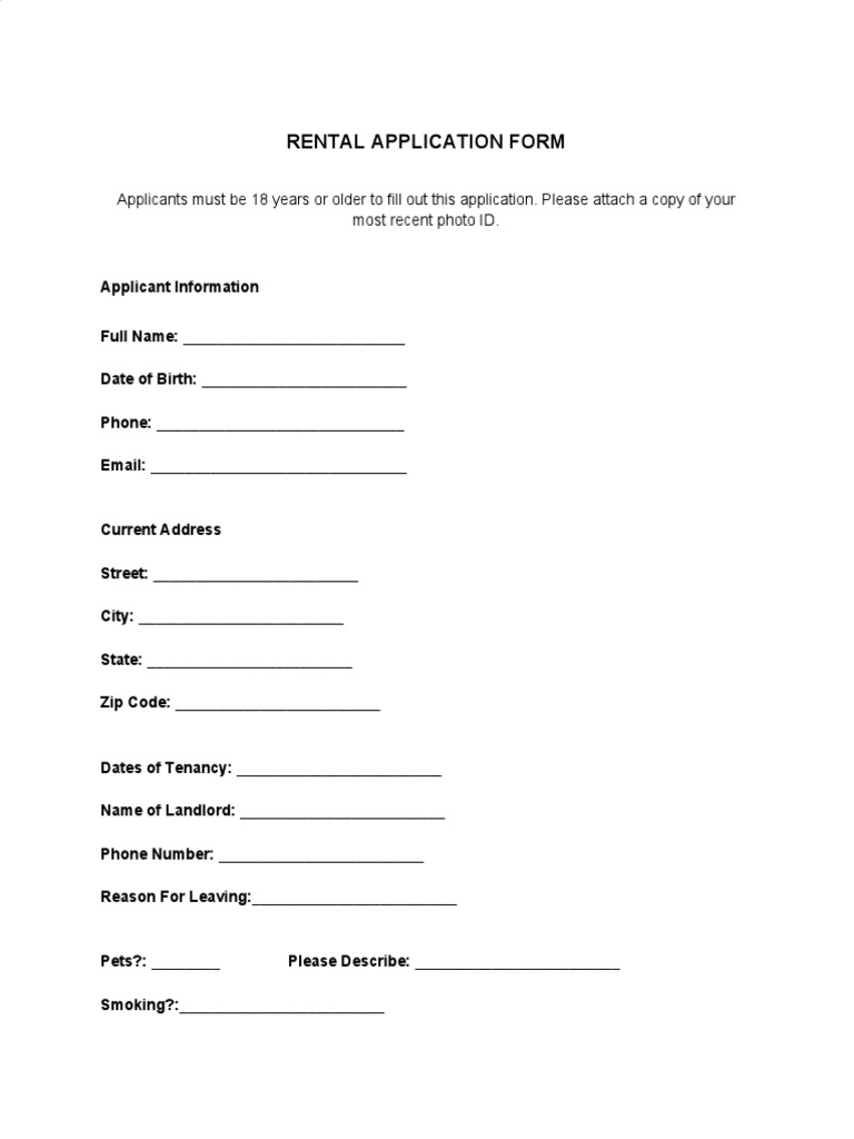 Rental Application Form: Applicant Information Full Name: Date of Birth ...