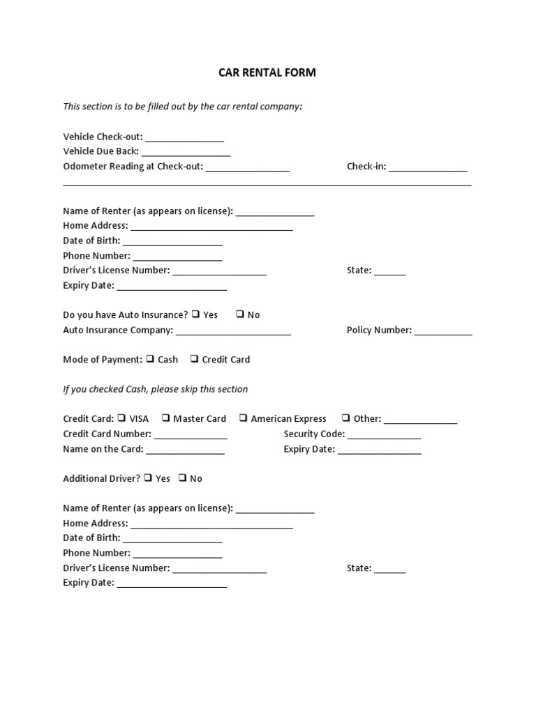 Car Rental Form: This Section Is To Be Filled Out by The Car Rental ...