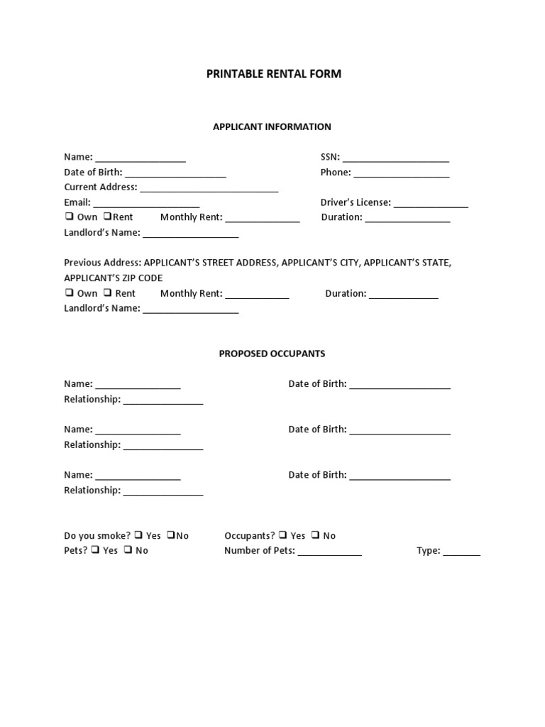 Printable Rental Form: Applicant Information | PDF | Landlord | Renting
