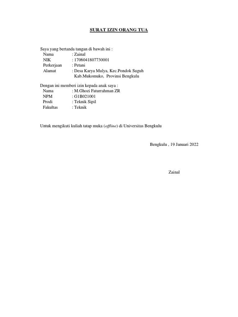 Surat Izin Orang Tua Ghozi | PDF