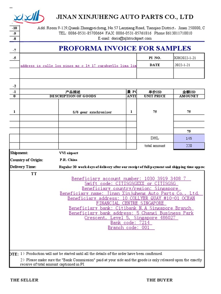 Proforma Invoice For Samples: Jinan Xinjuheng Auto Parts Co., LTD | PDF ...