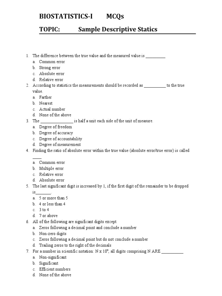 Biostatistics-I MCQS: Topic: Sample Descriptive Statics | PDF ...