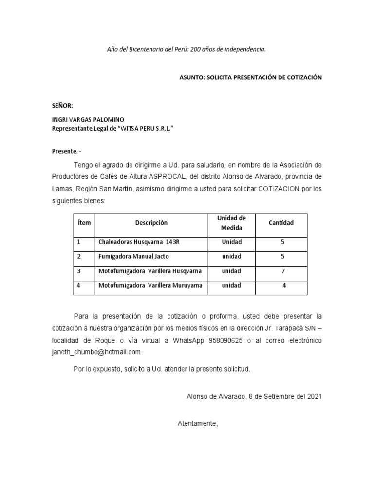 Modelo de Carta de Solicitud de Cotizacion | PDF