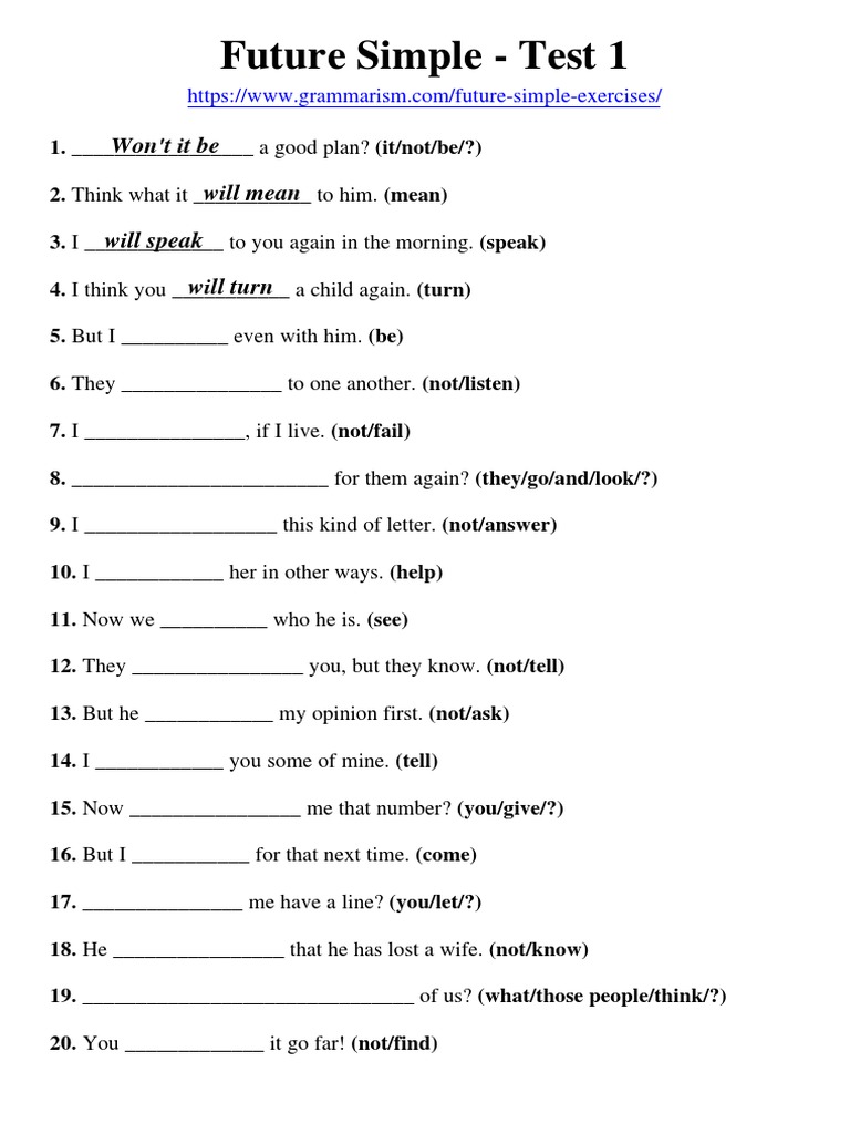 Future Simple - Test 1: Won't It Be Will Mean Will Speak Will Turn | PDF