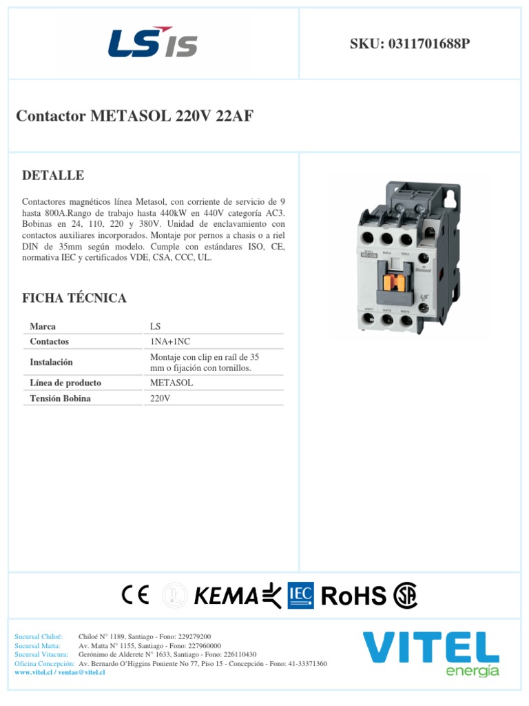 Contactor METASOL 220V 22AF | PDF