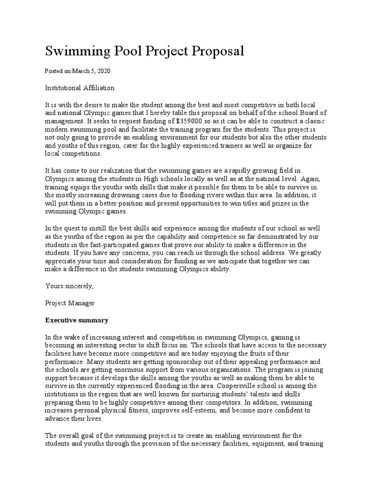 Swimming Pool Project Proposal | PDF | Swimming | Goal
