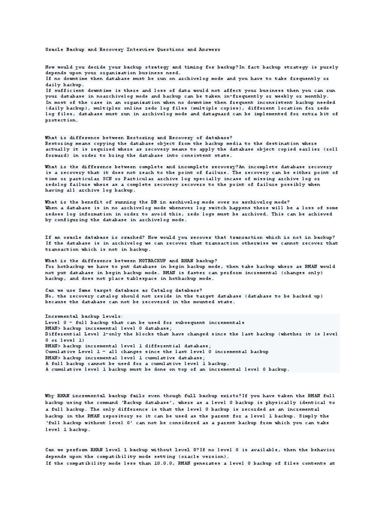 Oracle Backup and Recovery Interview Questions and Answers | Download Free PDF | Backup | Databases