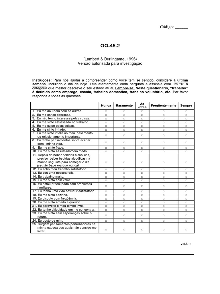 Questionário OQ-45.2: Avaliação de Bem-Estar | PDF