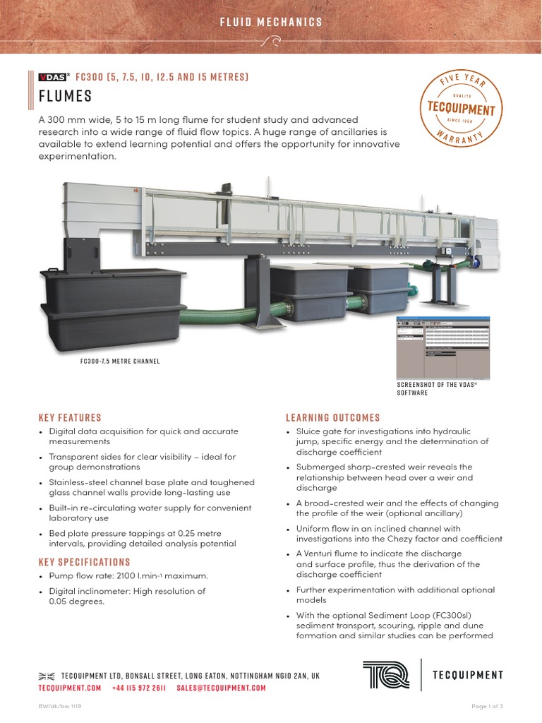 Tecquipment - Flumes - Data Sheet | PDF | Pump | Flow Measurement