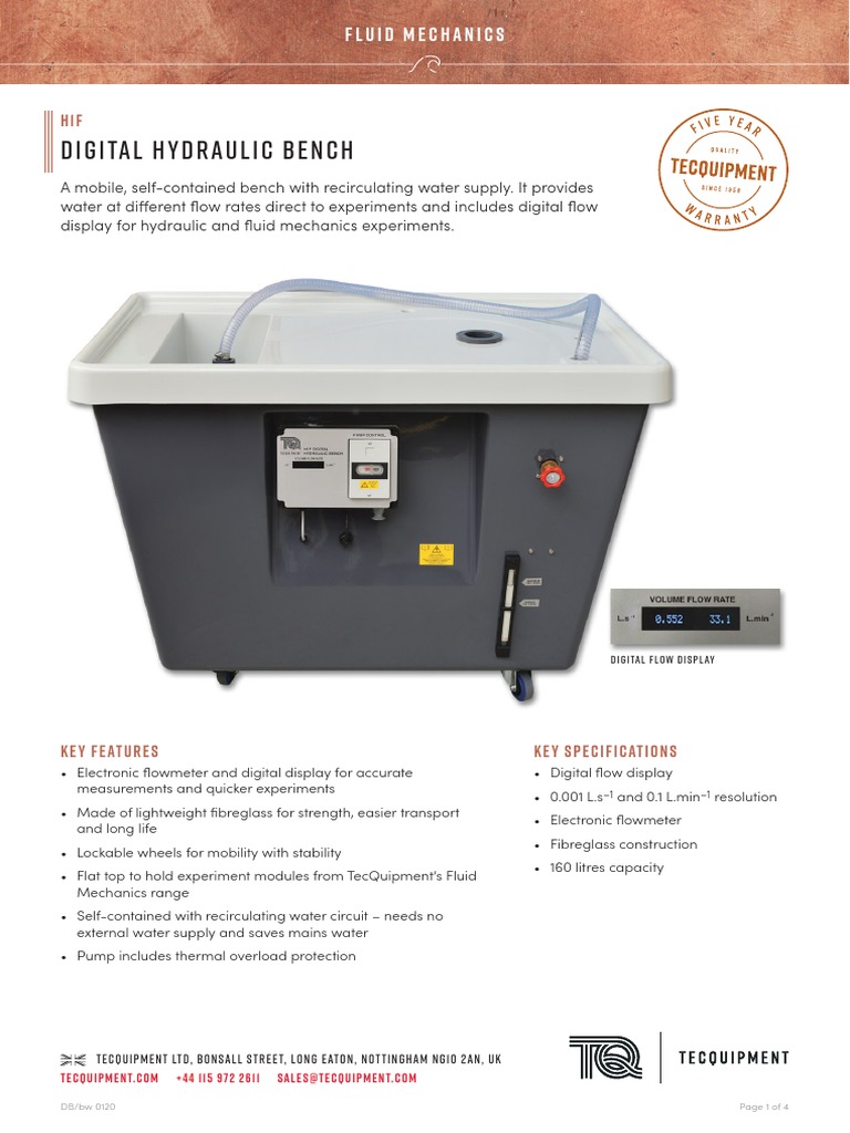 Tecquipment - Digital Hydraulic Bench - Data Sheet | PDF | Flow Measurement | Pump