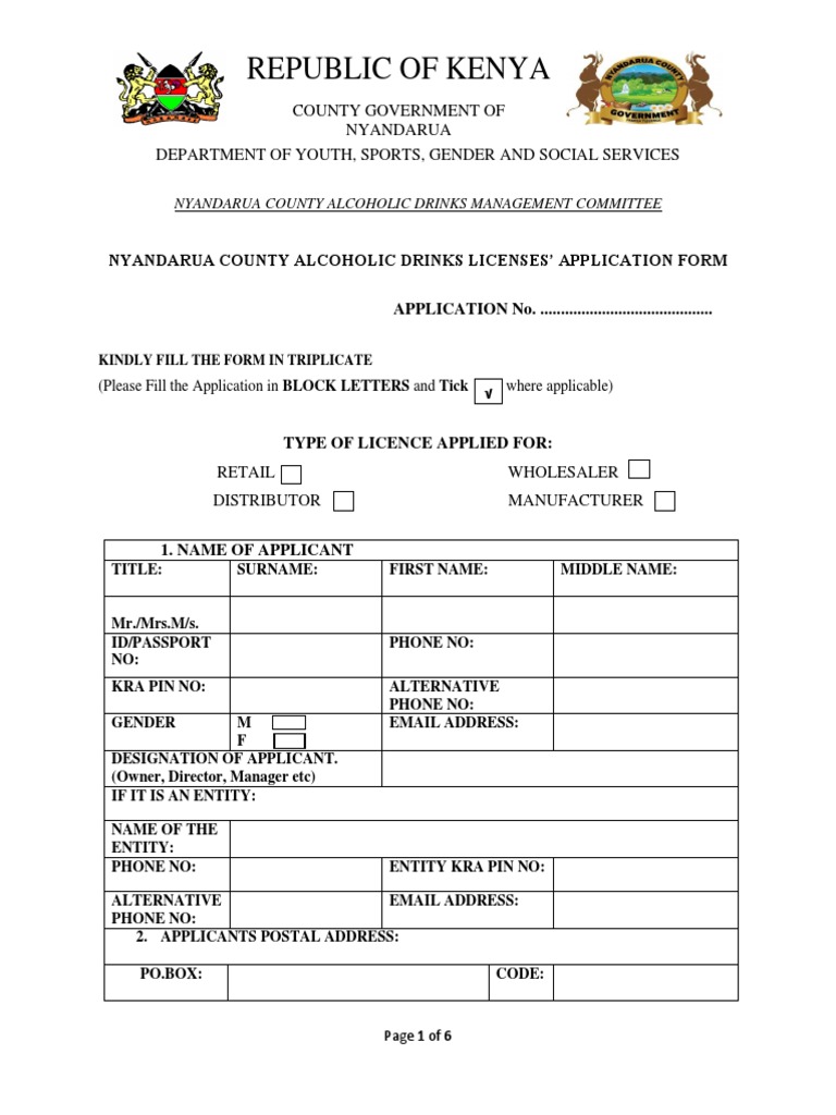 Nyandarua County Alcoholic Drinks Licenciing Application Forms | PDF ...