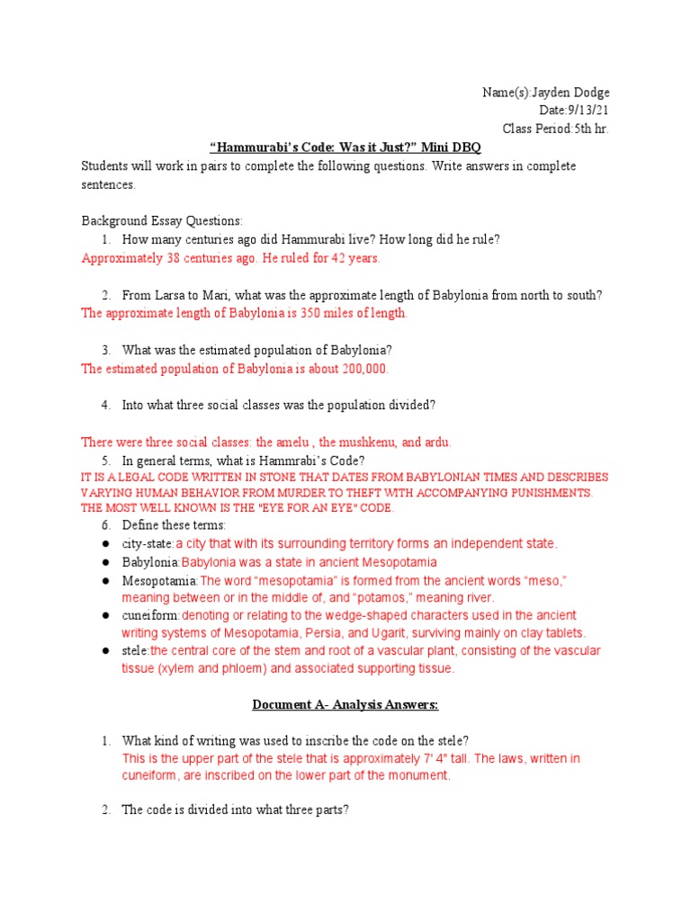 Jayden Dodge - Hammurabi's Code Mini DBQ - 8159240 | PDF | Hammurabi ...