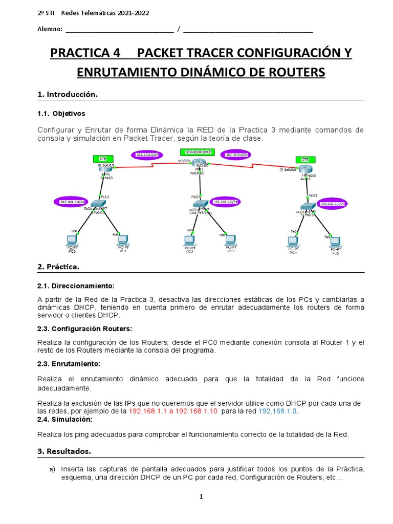 PRACTICA 4 Configuracion y Enrutamiento Dinámico Packet Tracer | PDF