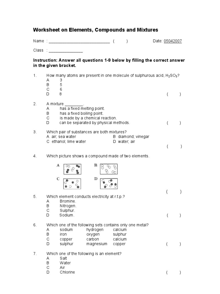 Worksheet On Elements, Compounds, Mixtures | PDF | Chemical Compounds ...
