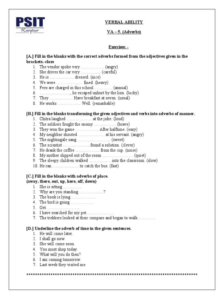 Verbal Ability - Adverb (Class Exercise) | PDF