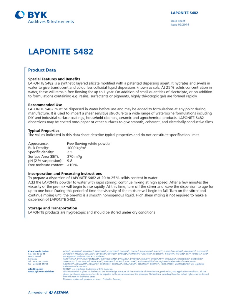 Laponite S482 - EN | PDF | Water | Viscosity