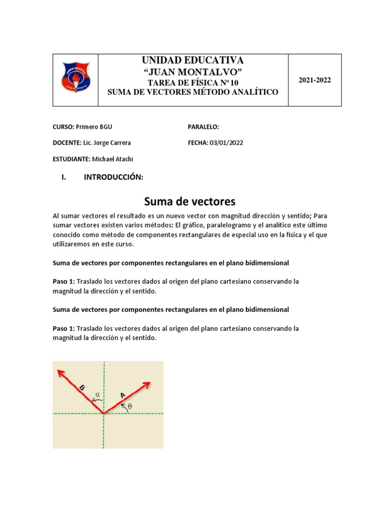 Tarea N° 10 1ero BGU 2021-2022 SUMA DE VECTORES MÉTODO ANALÍTICO | PDF | Vector Euclidiano ...