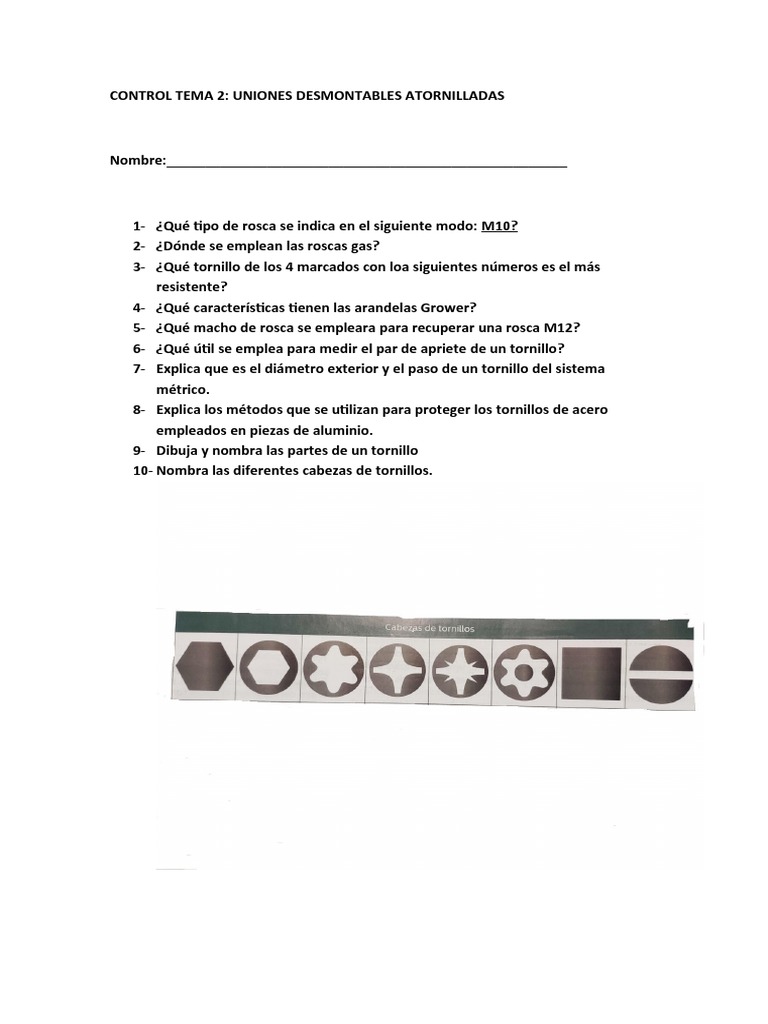 Control Tema 2 Uniones Desmontables Atornilladas | PDF