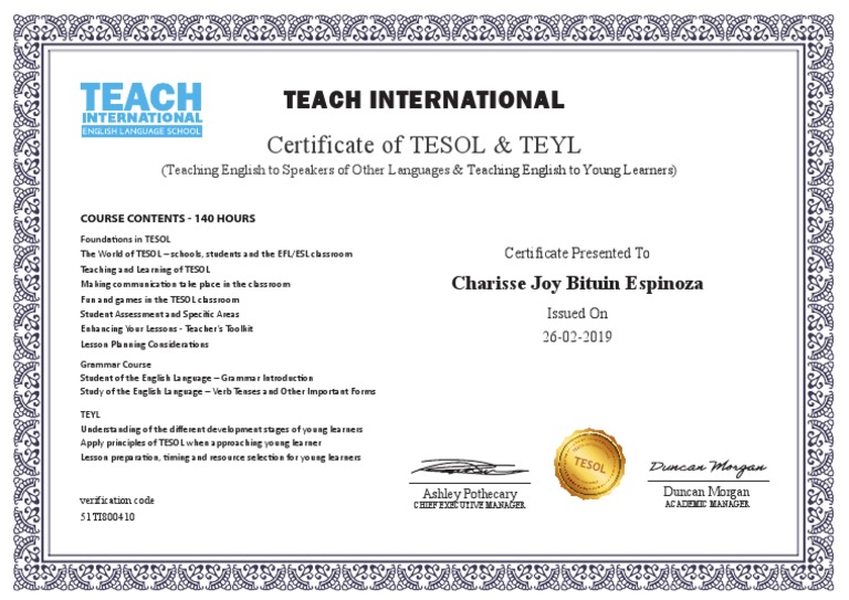 Teach International: Certificate of TESOL & TEYL | PDF | Language Arts ...