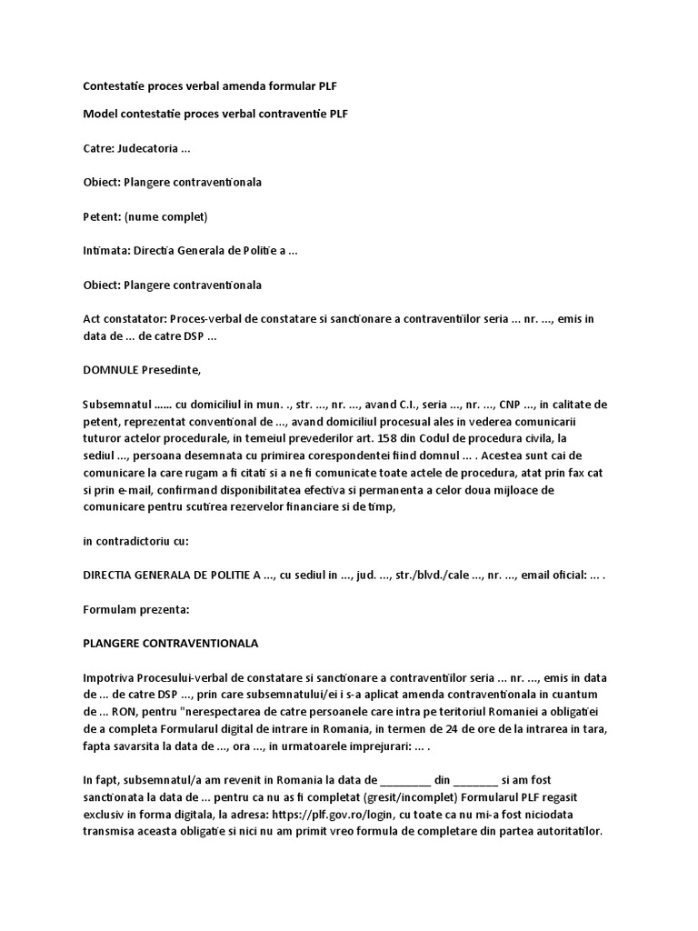 Contestatie Proces Verbal Amenda Formular PLF | PDF