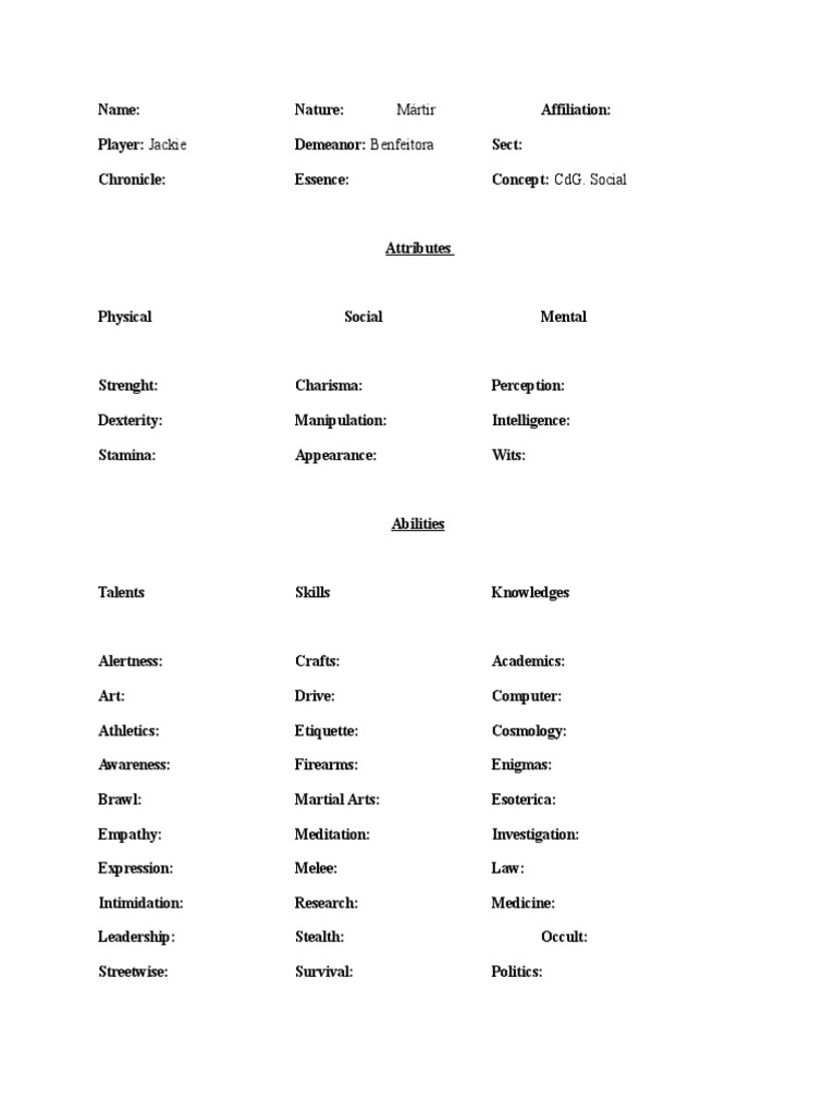 Mage 20 Character Sheet: Mártir | PDF