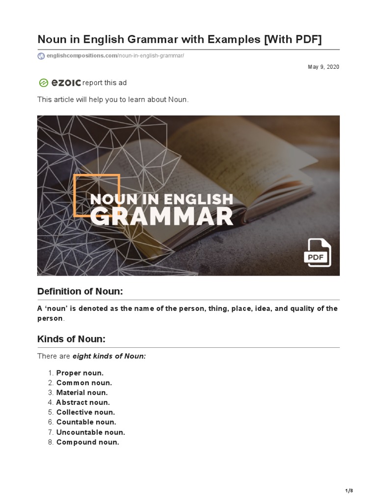 Noun in English Grammar With Examples With PDF | PDF | Noun ...