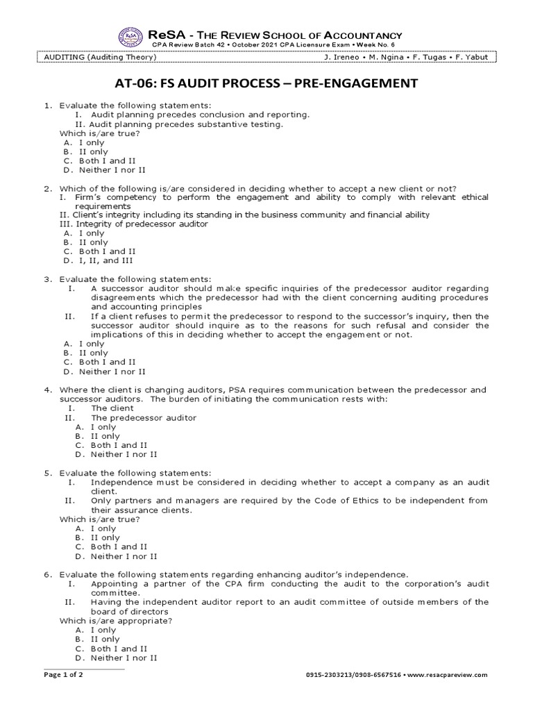 AT-06 (FS Audit Processs - Pre-Engagement) | PDF | Audit | Certified ...