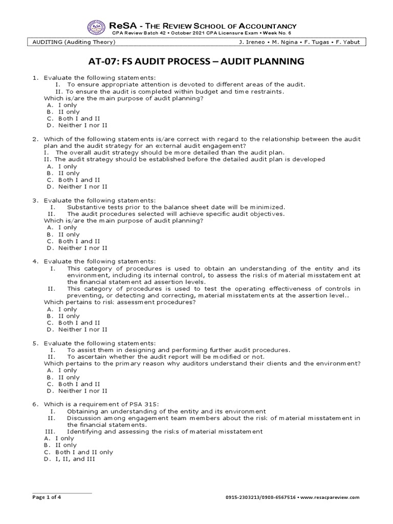 AT-07 (FS Audit Process - Audit Planning) | PDF | Audit | Internal Control