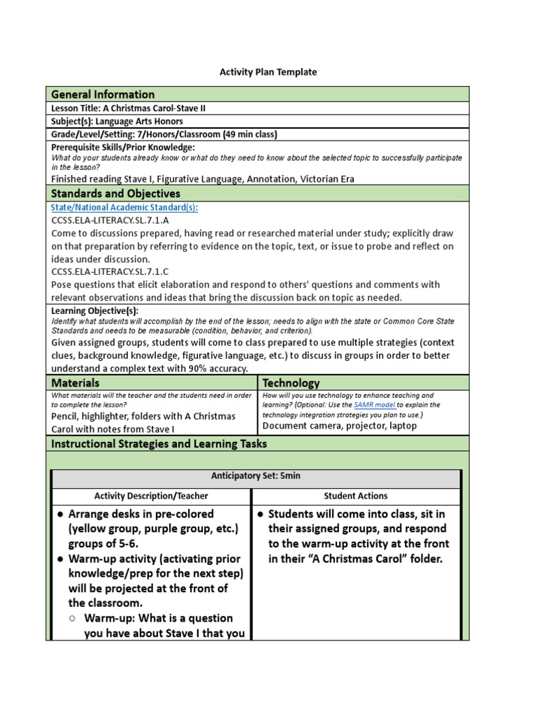 Activity-Lesson Plan-A Christmas Carol Stave II | PDF | Teaching ...