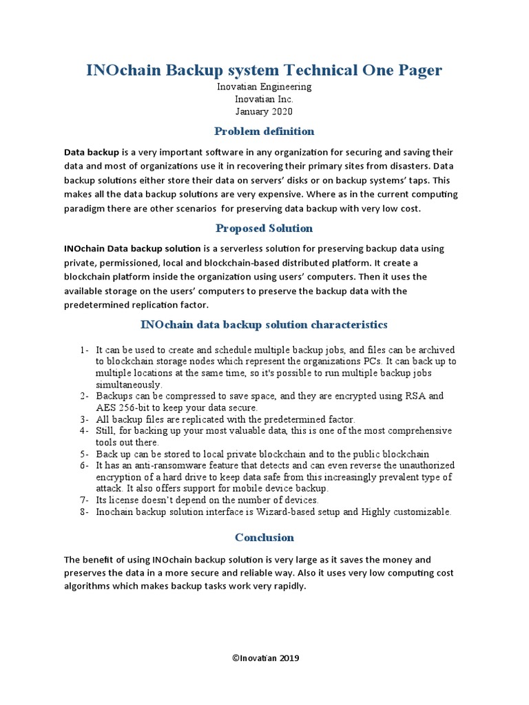 INOchain Backup Technical One Pager v1.0 | PDF | Backup | Computer Data Storage