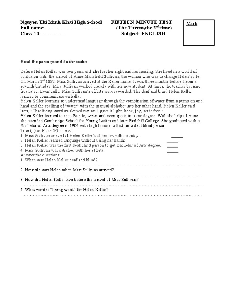 Read The Passage and Do The Tasks:: Mark | PDF | Helen Keller | Cognition