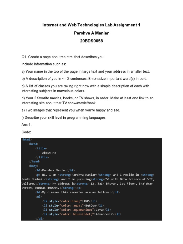 Internet and Web Technologies Lab Assignment 1 Parshva A Maniar 20BDS0058 | PDF | Html Element ...