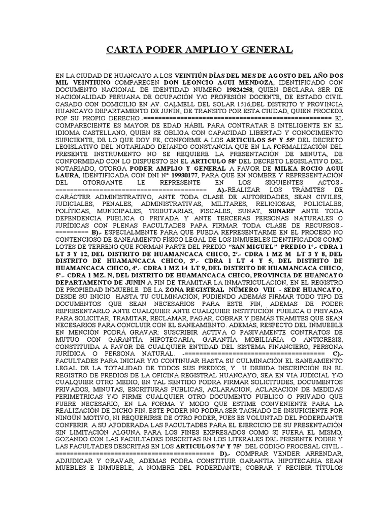 Carta Poder Amplio y General | PDF | Ley procesal | Justicia