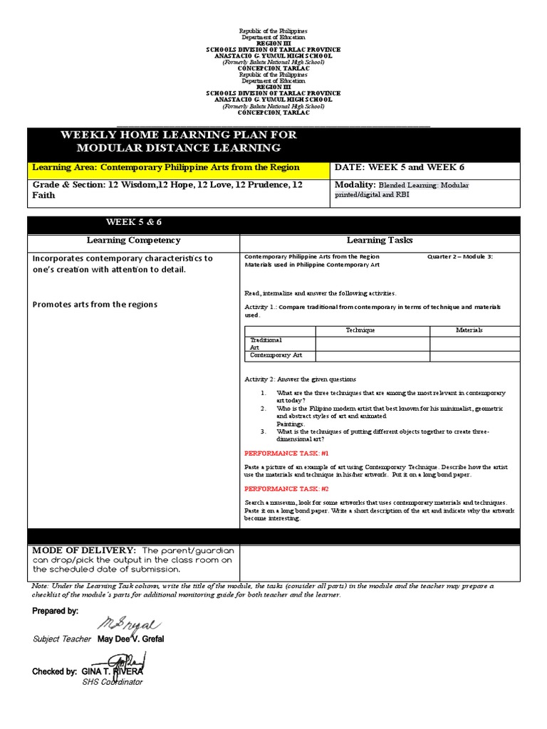 Weekly Home Learning Plan For Modular Distance Learning: Week 5 & 6 ...
