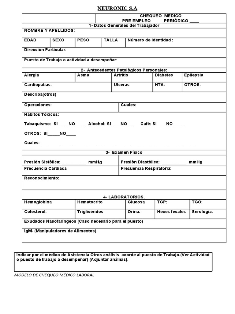 Modelo de Chequeo Medico Pre-Empleo y Periodico Cneuro | PDF | Sistema ...