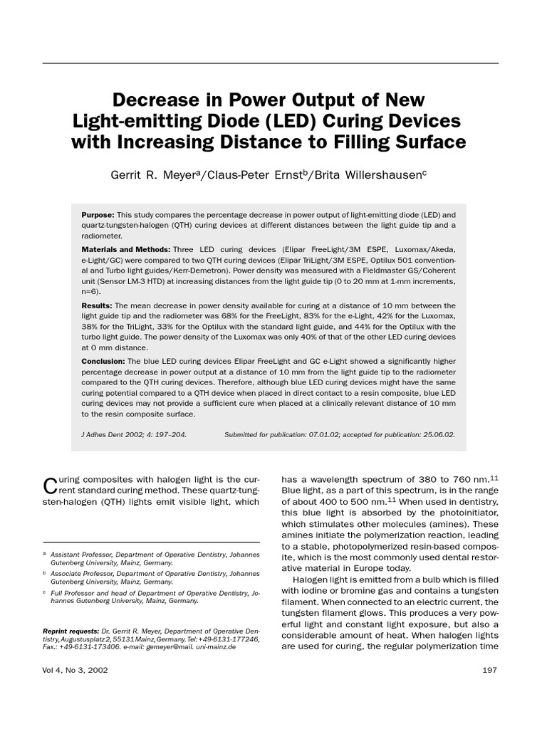 Decrease In Power Output Of New Light Emitting Diode Led Curing Devices With Increasing